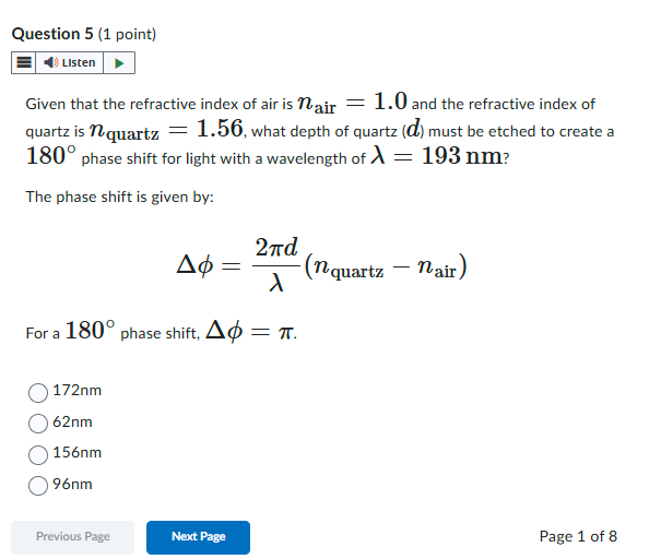 Solved Question 5 (1 ﻿point)Given that the refractive index | Chegg.com