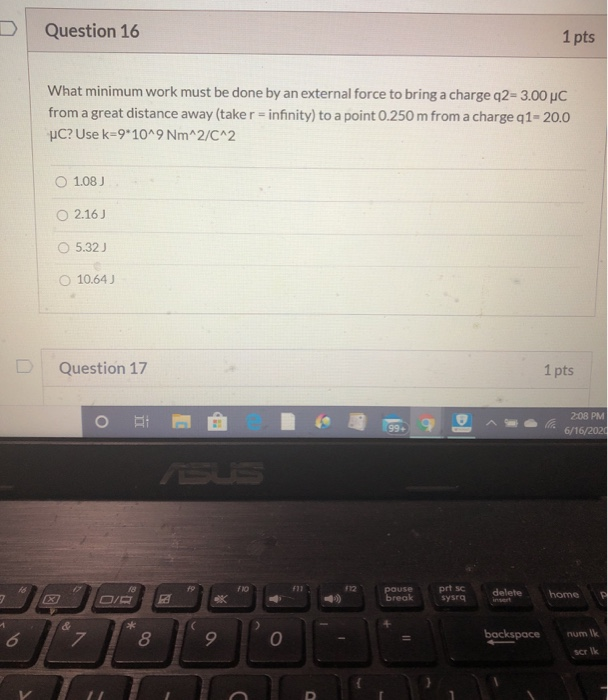 Solved Question 16 1 pts What minimum work must be done by | Chegg.com