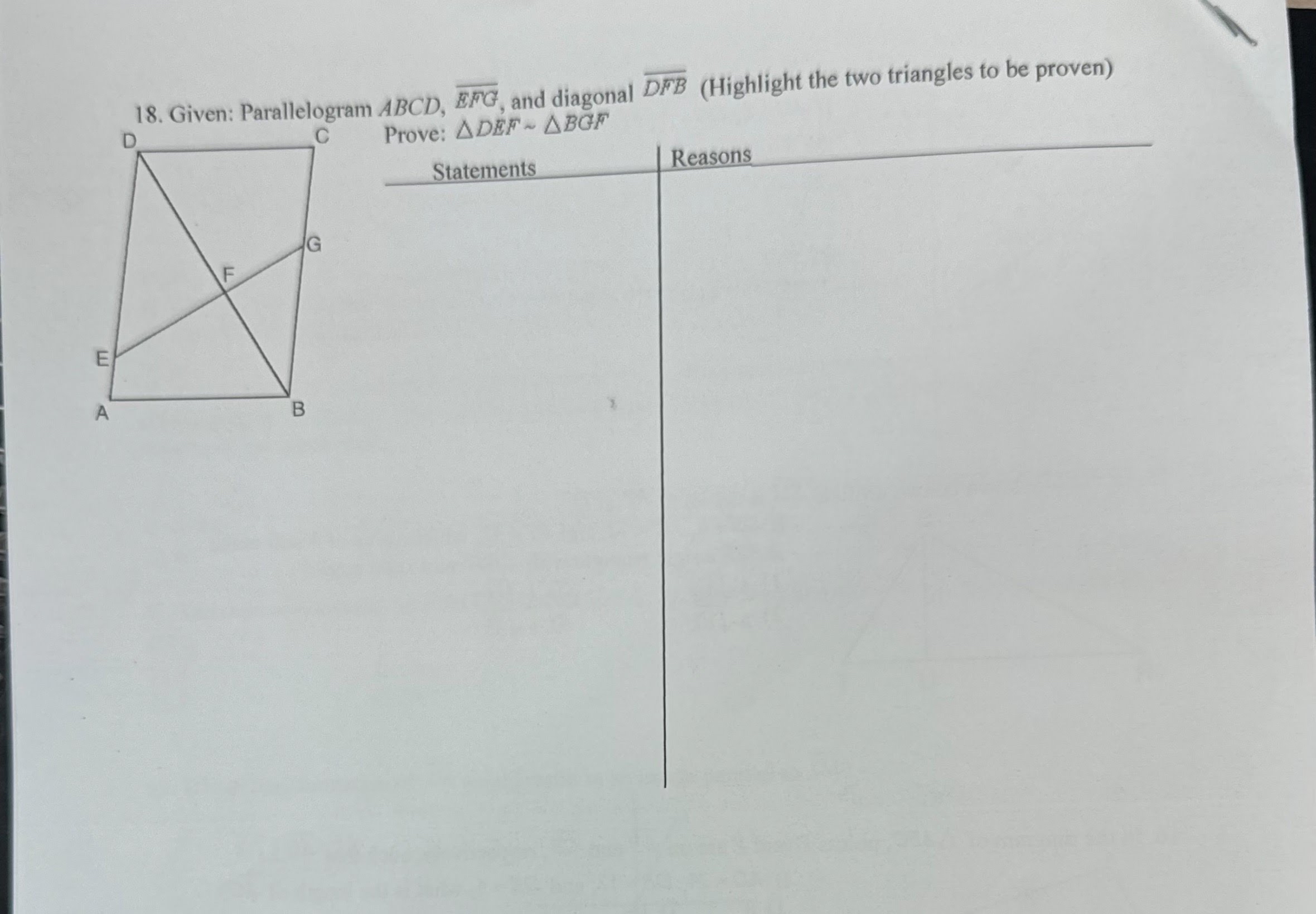Solved Given: Parallelogram ABCD,bar (EFG), ﻿and diagonal | Chegg.com