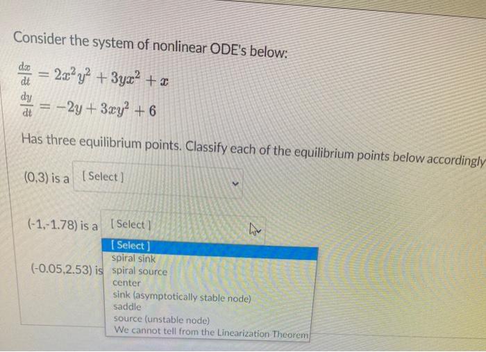 Solved Consider the system of nonlinear ODE's below: 20?y2 + | Chegg.com