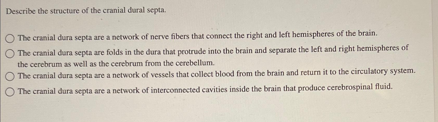 Solved Describe the structure of the cranial dural septa.The | Chegg.com