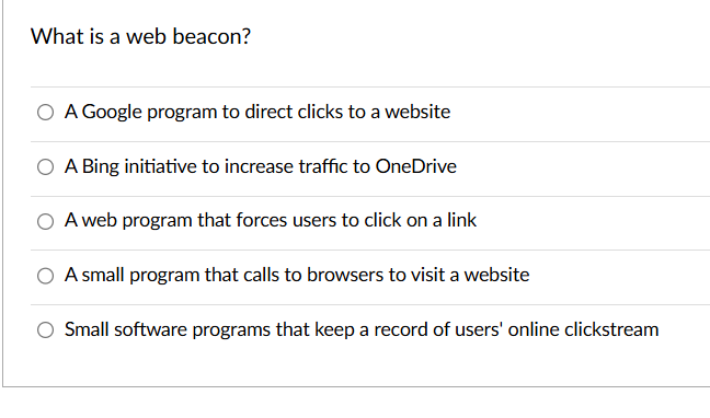 Solved What is a web beacon?A Google program to direct | Chegg.com