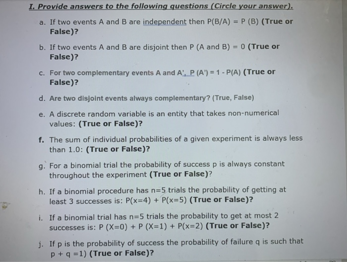 Solved I. Provide answers to the following questions (Circle | Chegg.com