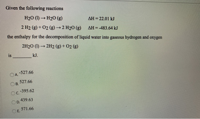 Solved Given the following reactions H20 (1) H20 (8) AH = | Chegg.com