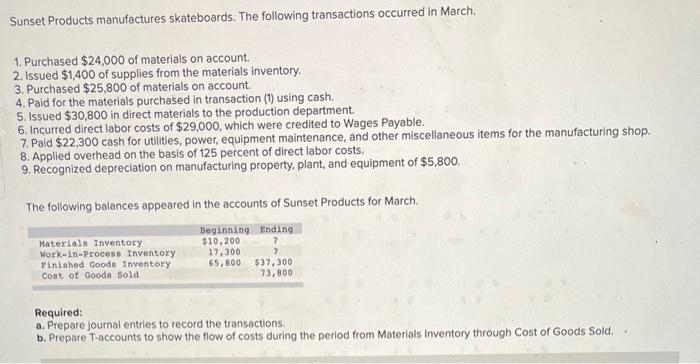 Solved Sunset Products manufactures skateboards. The | Chegg.com