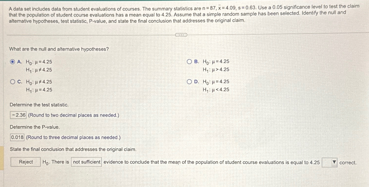 Solved A data set includes data from student evaluations of | Chegg.com