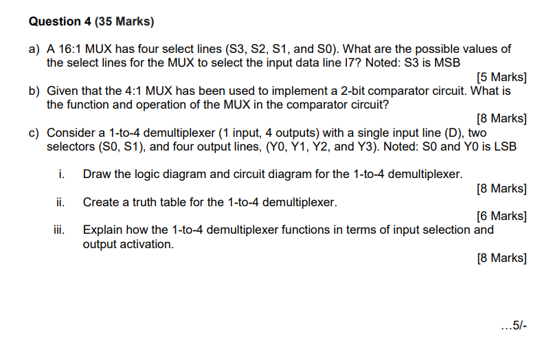 Solved Question 4 (35 ﻿Marks)a) ﻿A 16:1 ﻿MUX has four select | Chegg.com
