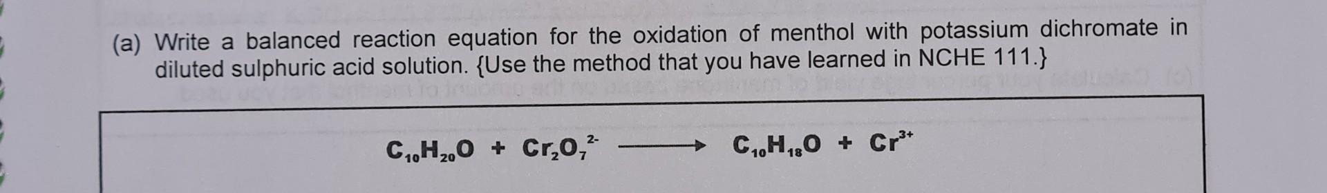 Solved (a) Write a balanced reaction equation for the | Chegg.com