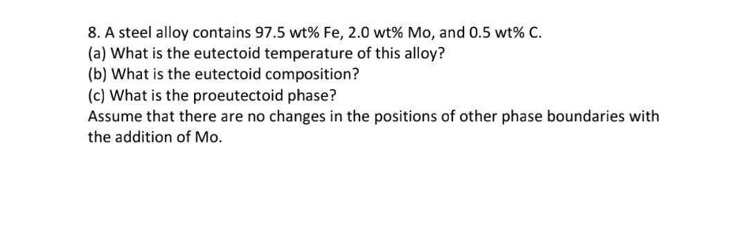 Solved 8. A steel alloy contains 97.5 wt\% Fe, 2.0 wt\% Mo, | Chegg.com