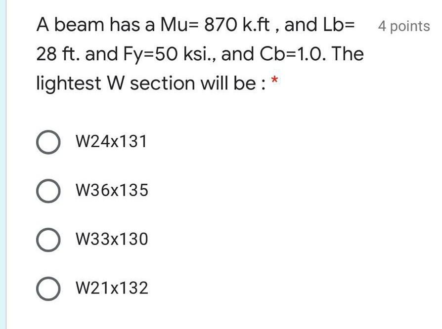 Solved A beam has a Mu= 870 k.ft, and Lb= 4 points 28 ft. | Chegg.com