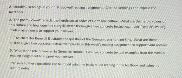 2. Identify 2 kennings in your first Beowulf reading | Chegg.com