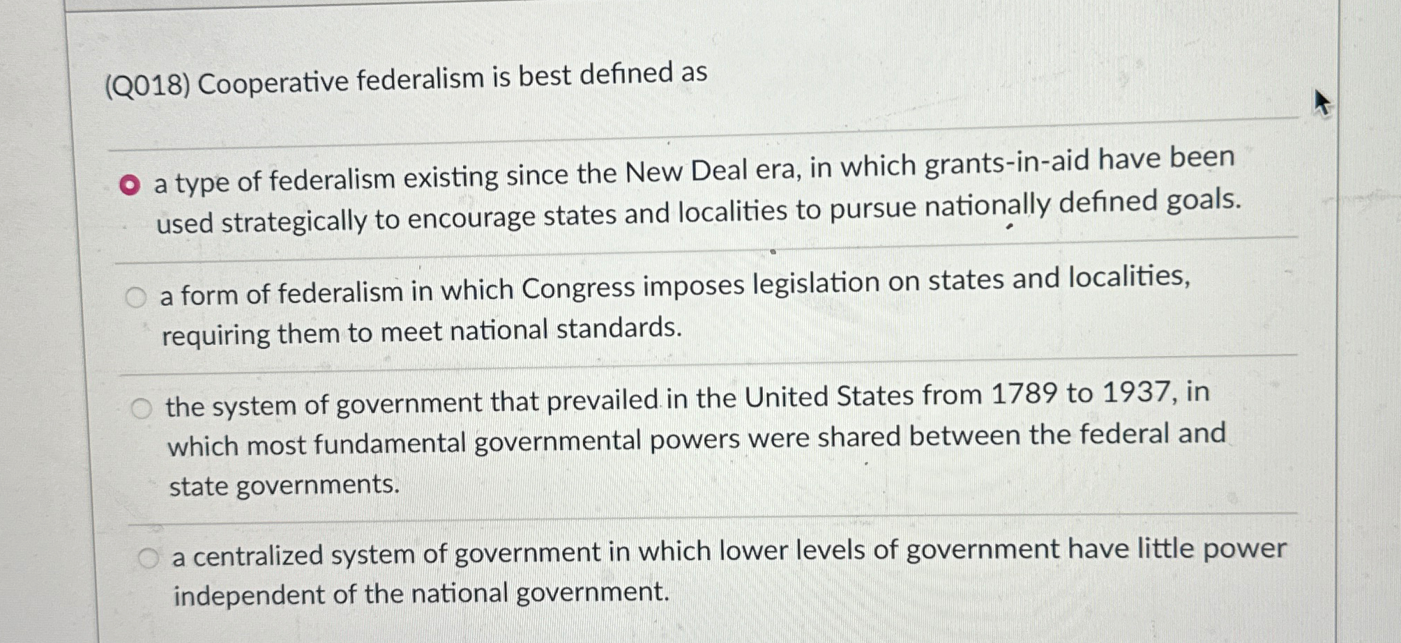 Solved (Q018) ﻿Cooperative federalism is best defined asa | Chegg.com