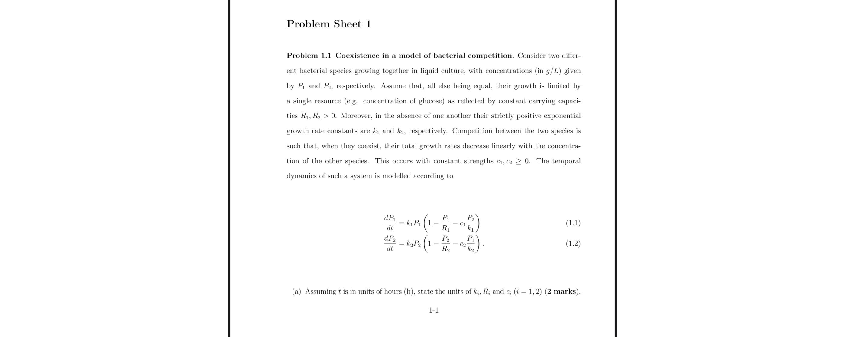 Solved Problem Sheet 1Problem 1.1 ﻿Coexistence in a model of | Chegg.com