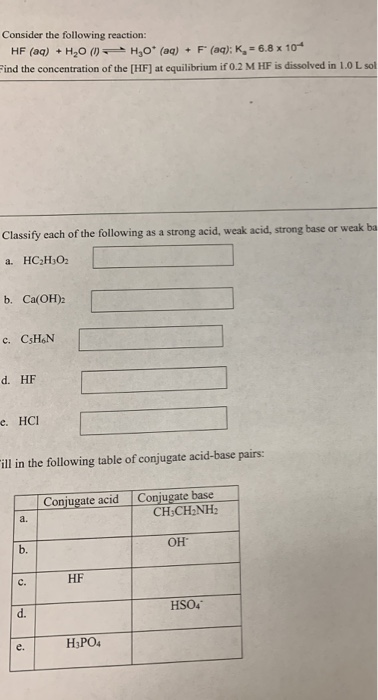 Solved Consider the following reaction: HF (aq) + H20 (1) | Chegg.com