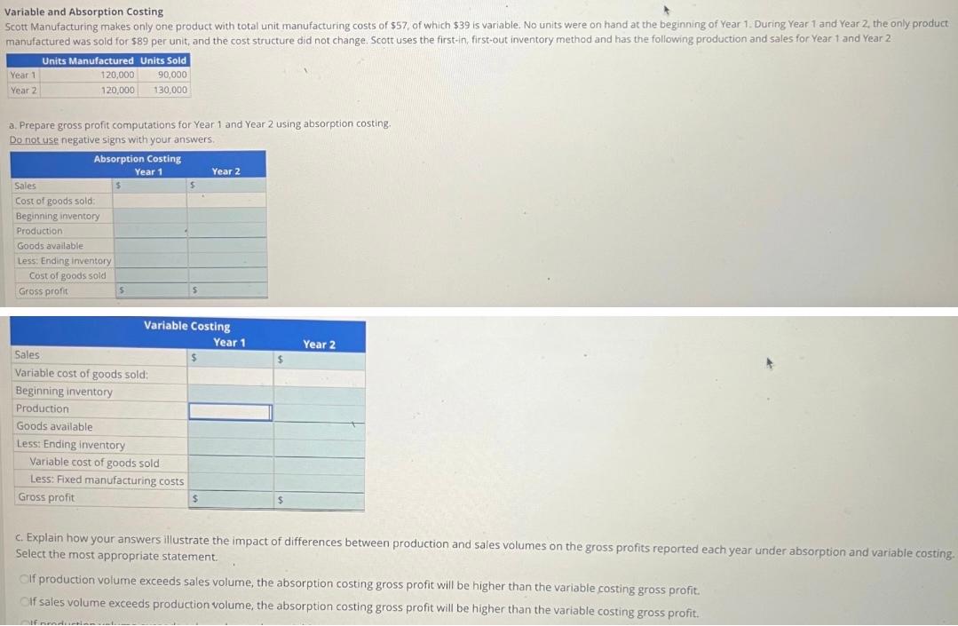 Solved Variable and Absorption Costing\table[[,Units | Chegg.com