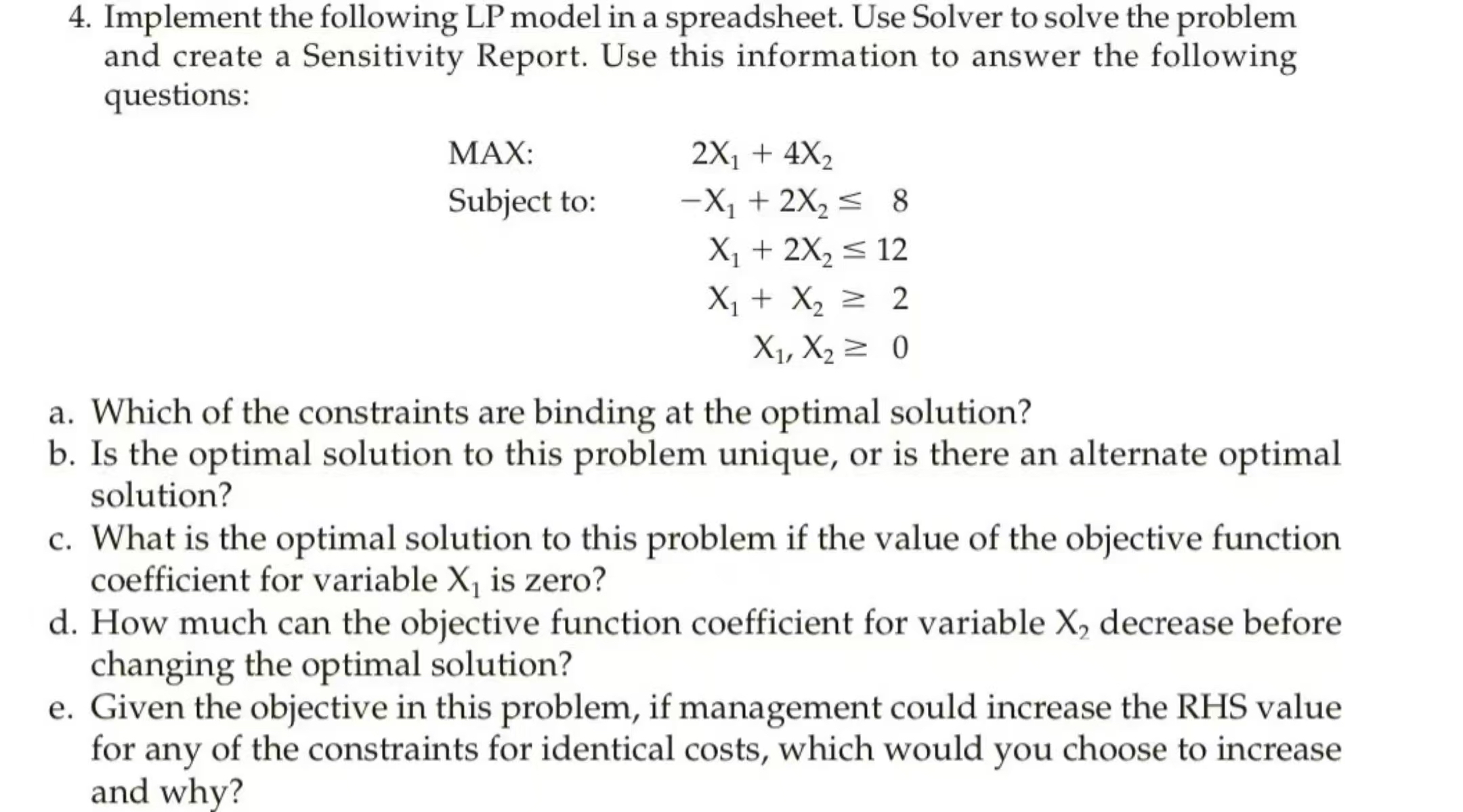 Solved Implement the following LP model in a spreadsheet. | Chegg.com