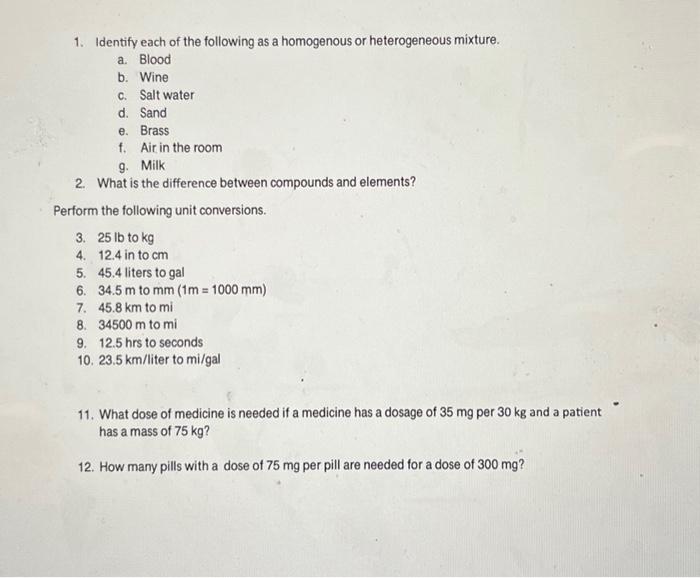 Solved 1. Identify each of the following as a homogenous or | Chegg.com