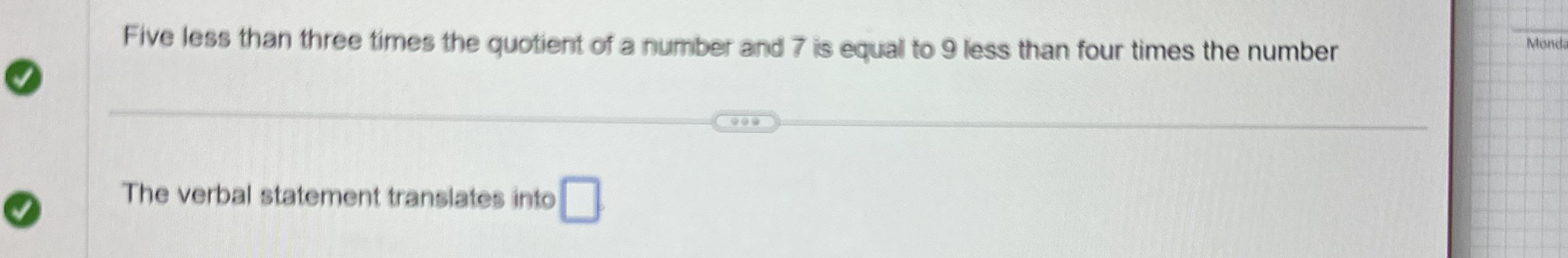 Solved Five less than three times the quotient of a number | Chegg.com