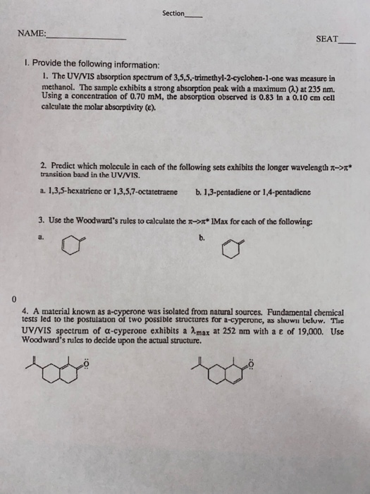 Solved Section NAME: SEAT 1. Provide the following | Chegg.com