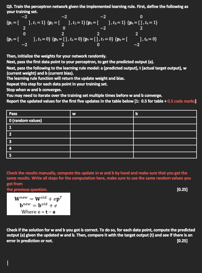 Solved Q3. ﻿Train the perceptron network given the | Chegg.com