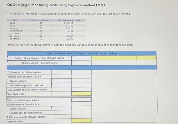 Solved QS 21-4 (Algo) Measuring costs using high-low method | Chegg.com
