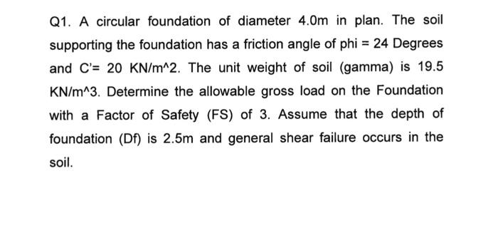 Solved Q1. A circular foundation of diameter 4.0 m in plan. | Chegg.com