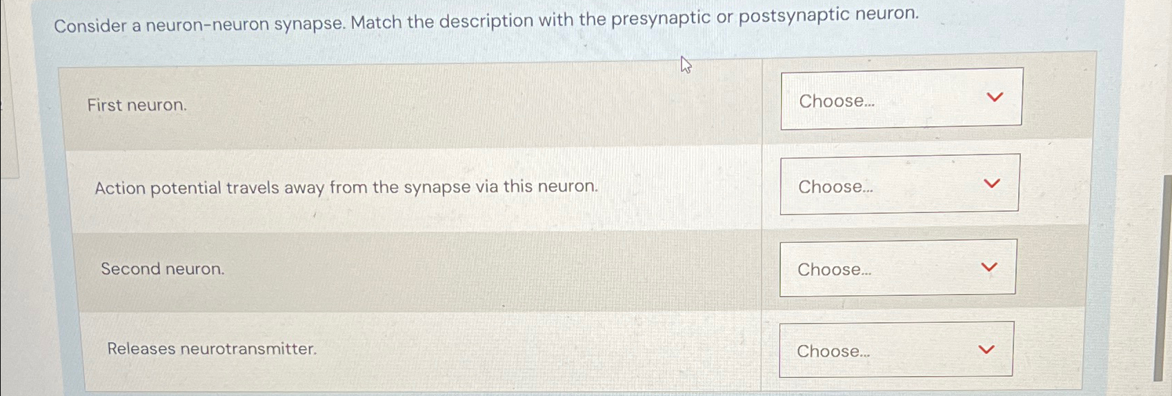 Solved Consider a neuron-neuron synapse. Match the | Chegg.com