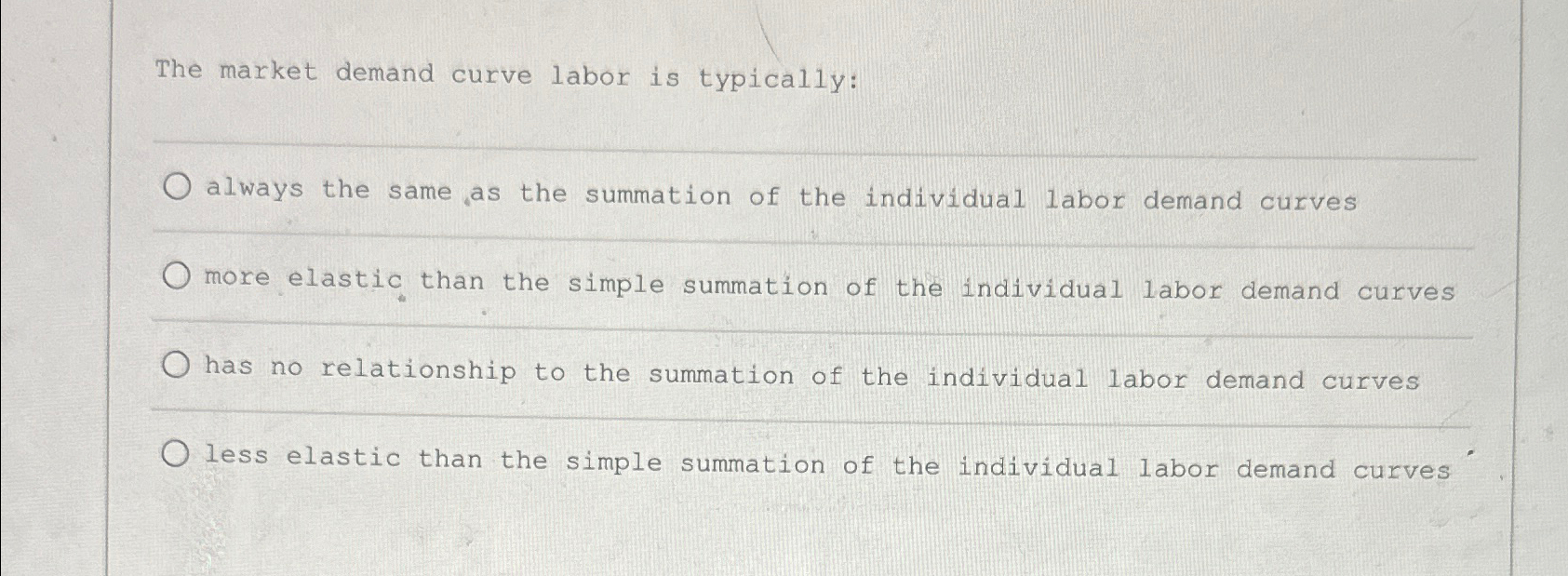 Solved The market demand curve labor is typically:always the | Chegg.com