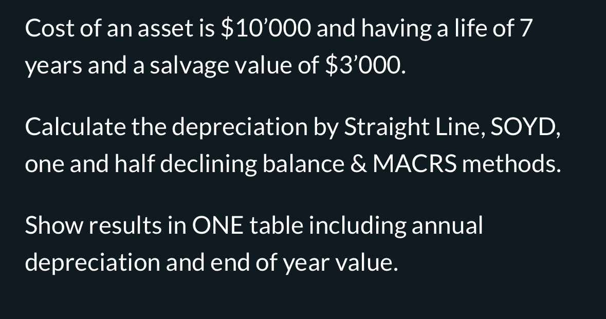 Solved Cost of an asset is $10'000 ﻿and having a life of 7 | Chegg.com