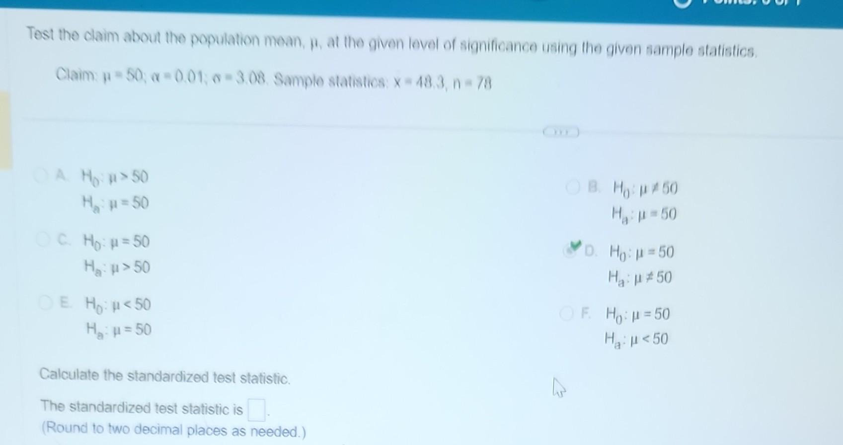 Solved Test the claim about the population mean, in, at the | Chegg.com