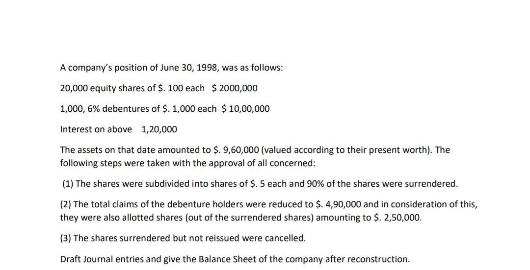 Solved A company's position of June 30, 1998, was as | Chegg.com