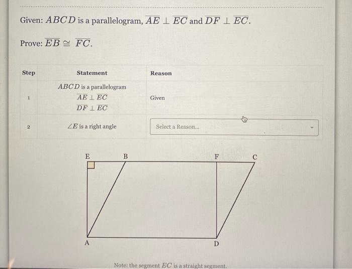Solved Given: ABCD is a parallelogram, AE⊥EC and DF⊥EC. | Chegg.com