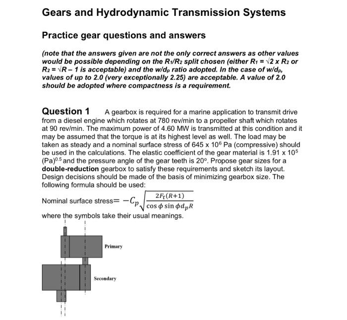 Gears and Hydrodynamic Transmission Systems Practice | Chegg.com
