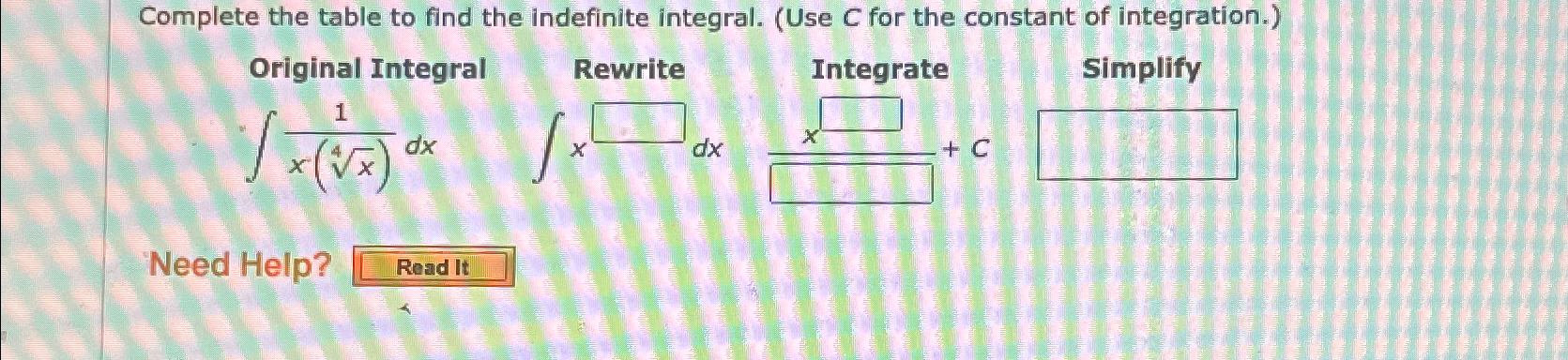 Solved Complete the table to find the indefinite integral. | Chegg.com