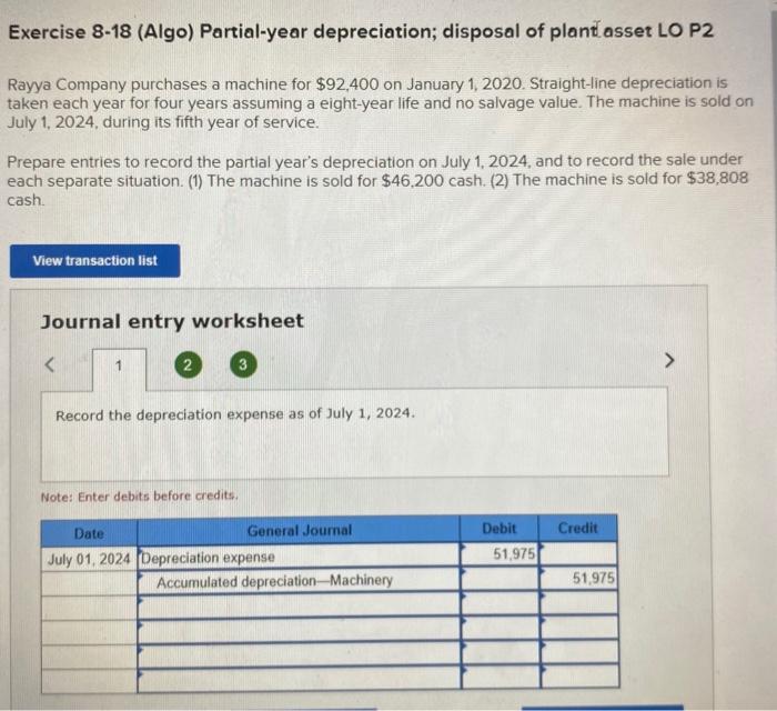 Solved Exercise 8-18 (Algo) Partial-year depreciation; | Chegg.com