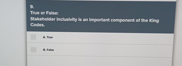 Solved True or False:Stakeholder inclusivity is an important | Chegg.com