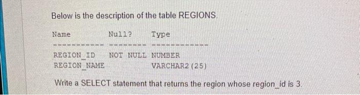 Solved Below is the description of the table REGIONS. Write | Chegg.com