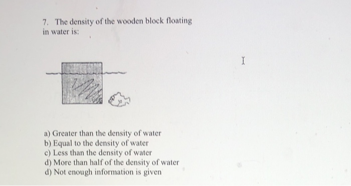Solved 7. The density of the wooden block floating in water | Chegg.com