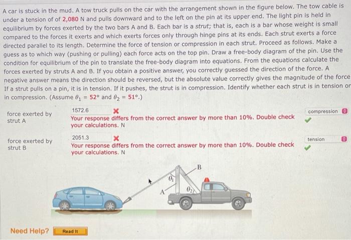 Solved A car is stuck in the mud. A tow truck pulls on the | Chegg.com