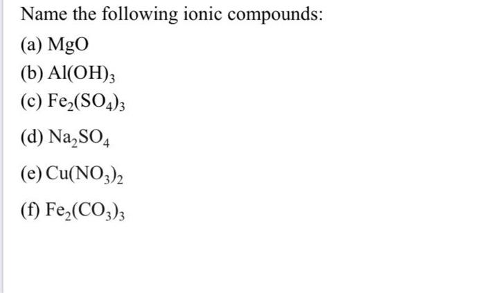 Solved Name the following ionic compounds: (a) MgO (b) | Chegg.com