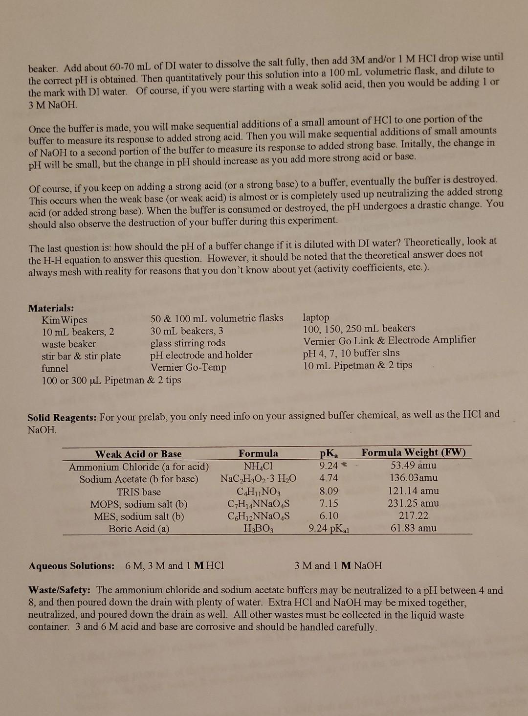 Experiment 6: Buffers Prelab: In addition to a | Chegg.com