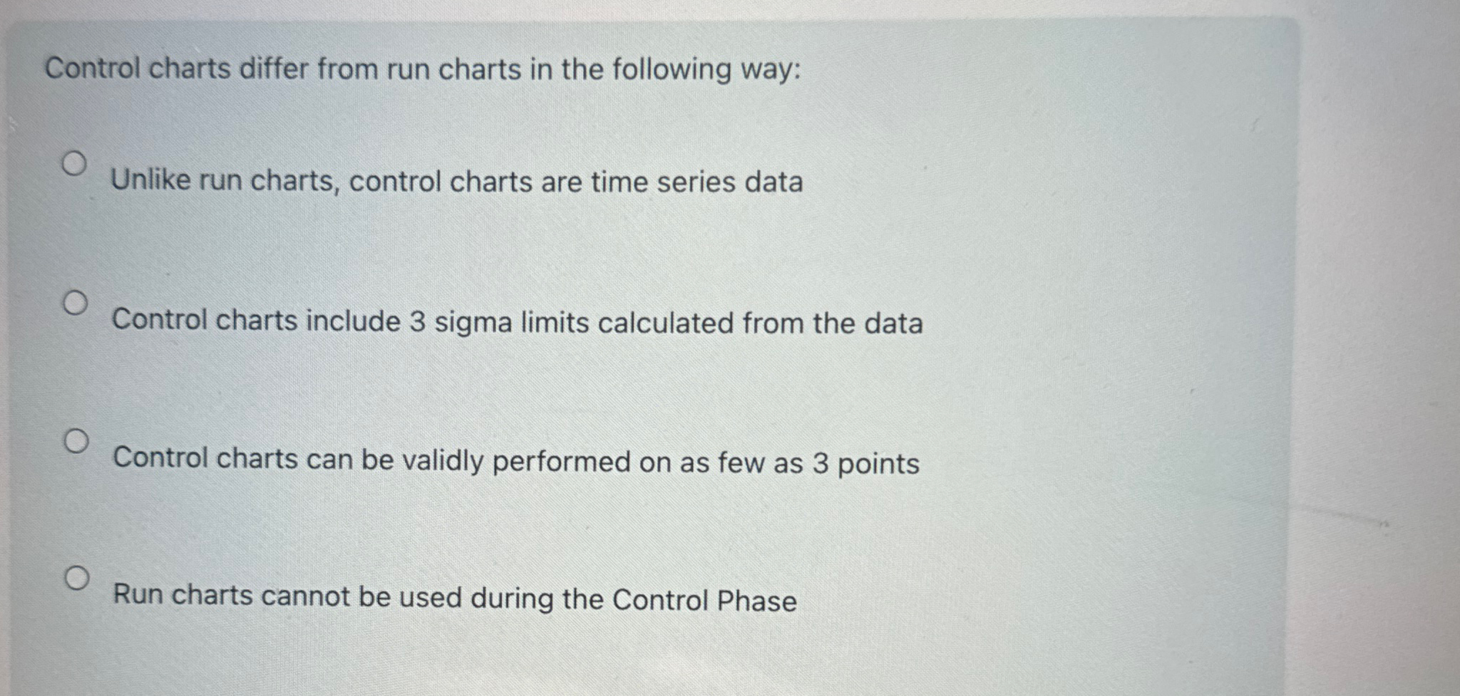 Solved Control charts differ from run charts in the | Chegg.com