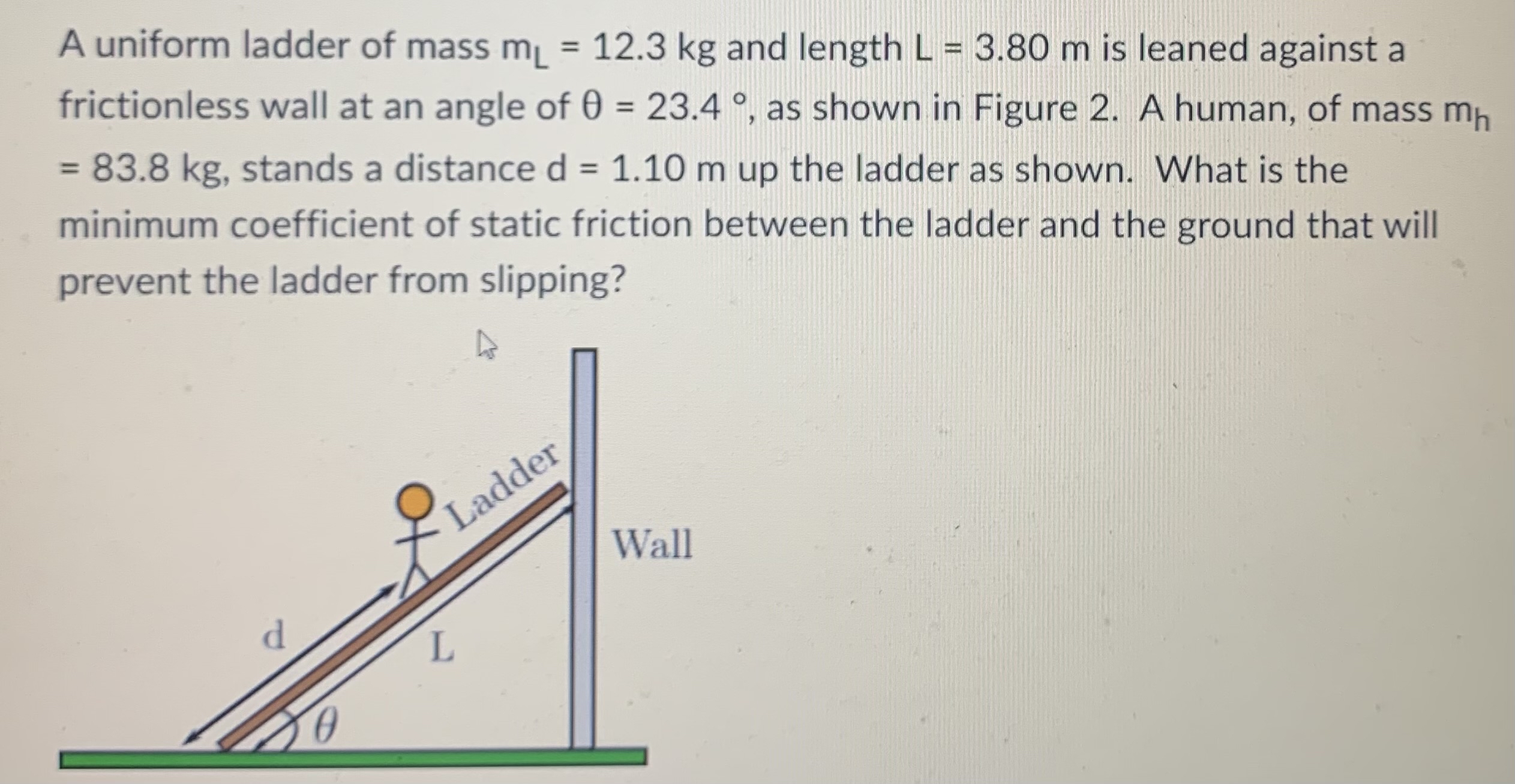 Solved A uniform ladder of mass mL=12.3kg ﻿and length | Chegg.com
