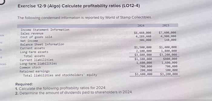 Solved Exercise 12-9 (Algo) Calculate profltability ratios | Chegg.com