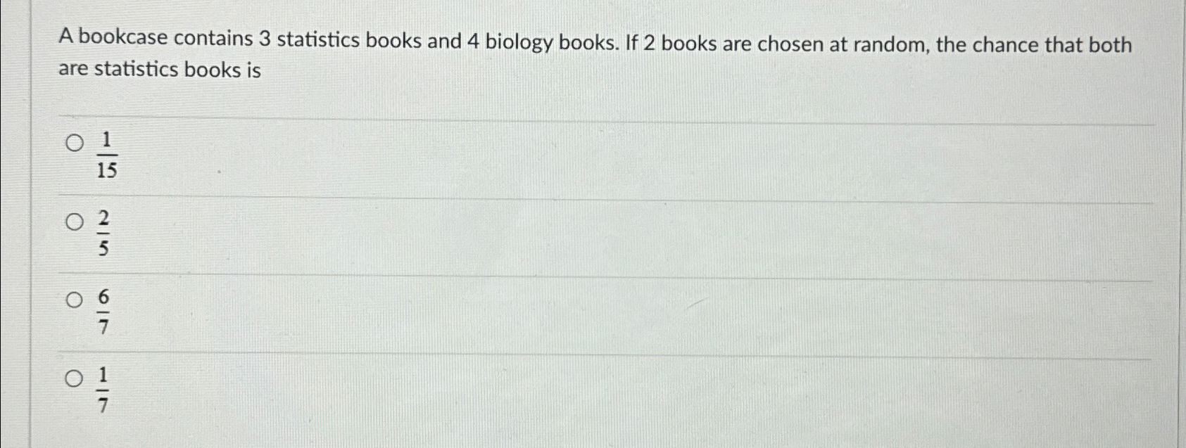 Solved A bookcase contains 3 ﻿statistics books and 4 | Chegg.com