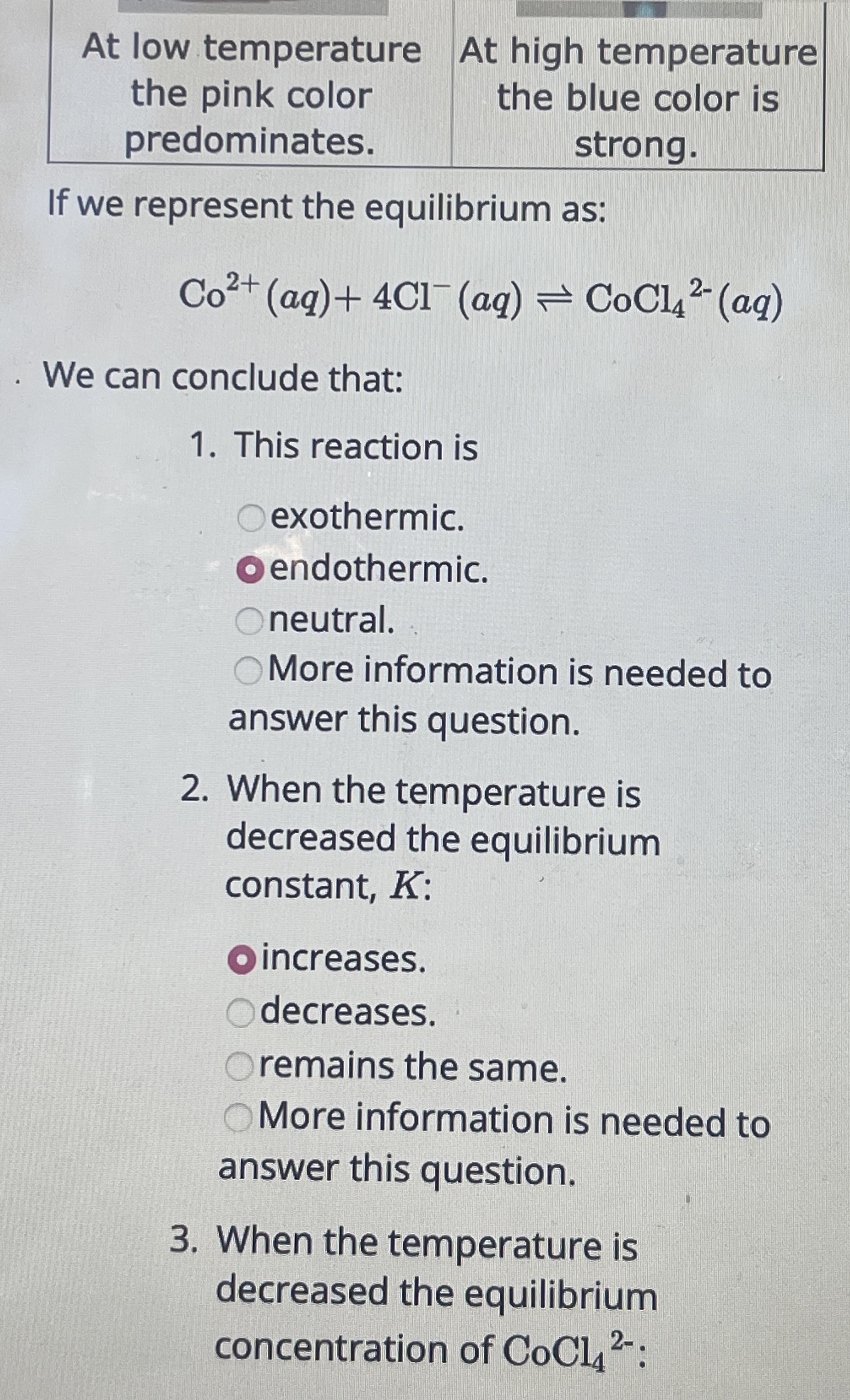 Solved At low temperatureAt high temperature the pink color | Chegg.com