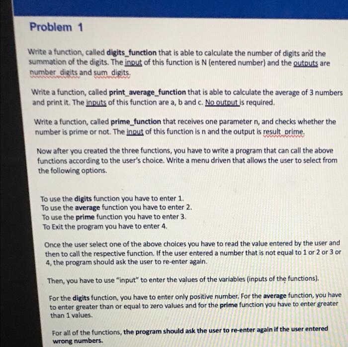 Solved Problem 1 Write a function, called digits_function | Chegg.com