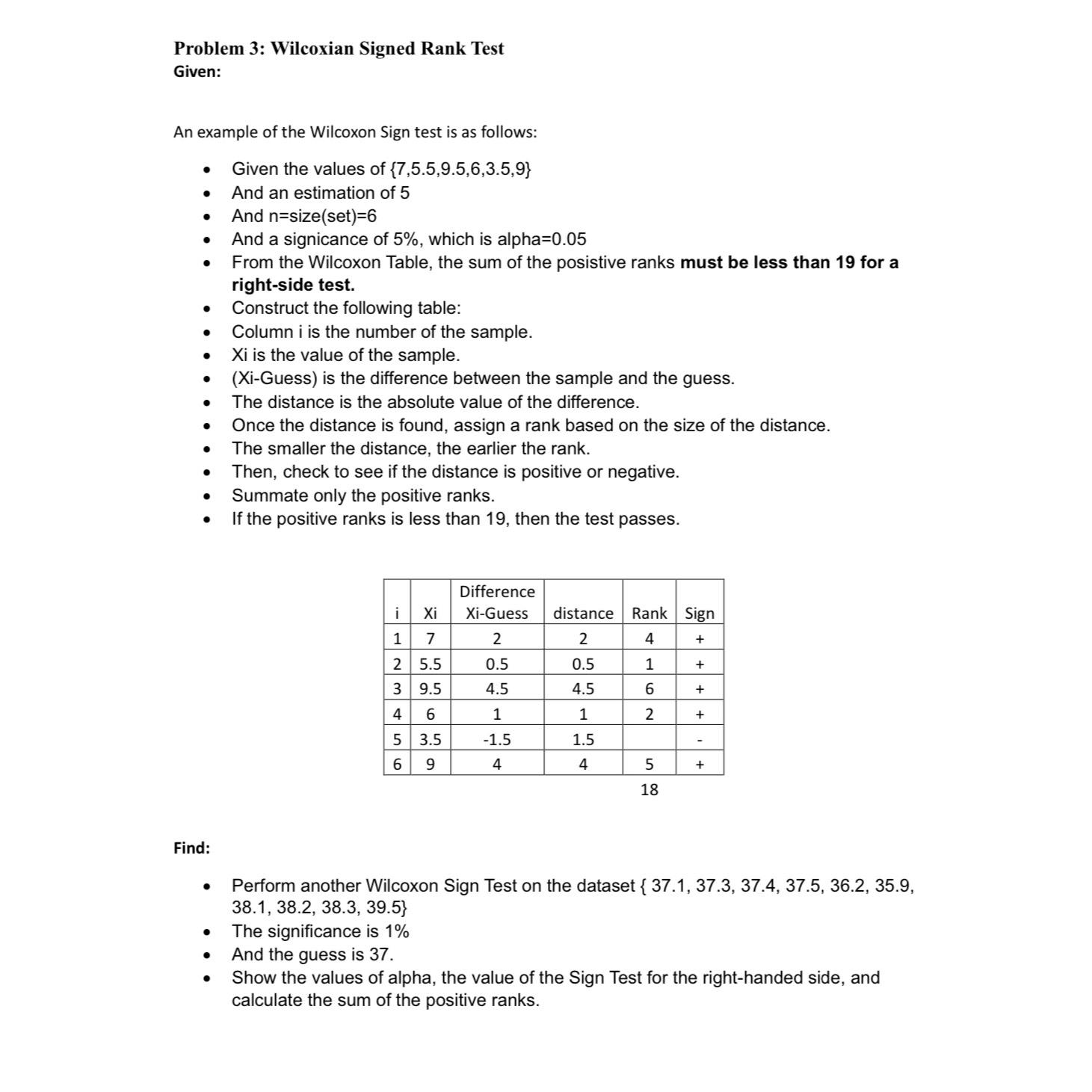 Solved Problem 3: Wilcoxian Signed Rank TestGiven:An example | Chegg.com