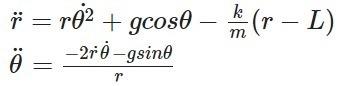 r¨=rθ˙2+gcosθ−mk(r−L)θ¨=r−2r˙θ˙−gsinθ | Chegg.com