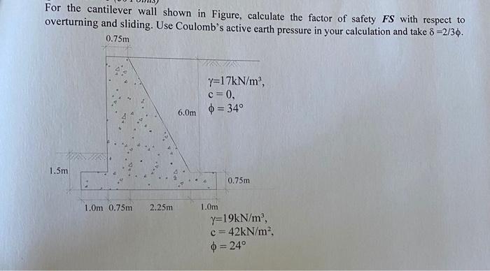 Solved For the cantilever wall shown in Figure, calculate | Chegg.com
